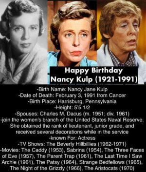 Nancy Kulp | Wiki/Bio, Cause of Death, Age, Photos, Husband, Movies and Tv Shows – WikisClub Blog